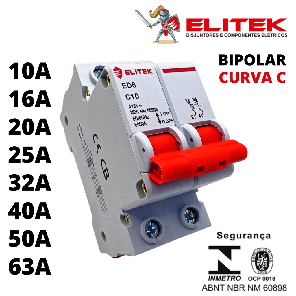 Disjuntor Bipolar ELITEK Disjuntor Duplo Disjuntor Curva C 10A 16A 20A 25A 32A 40A 50A 63A ...