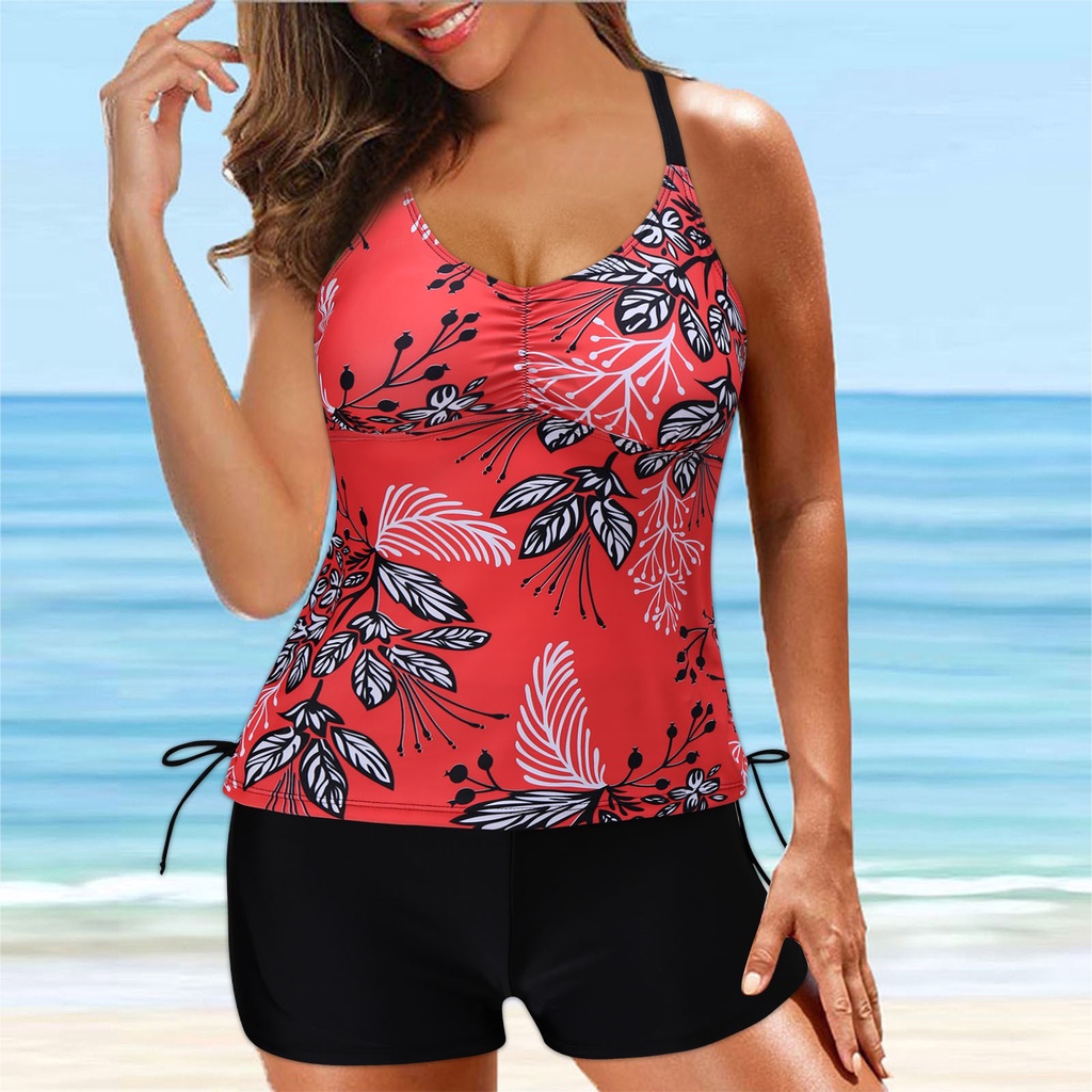Maiô Para As Mulheres Dividir Cor Sólida Duas Peças Tankini Swimwear