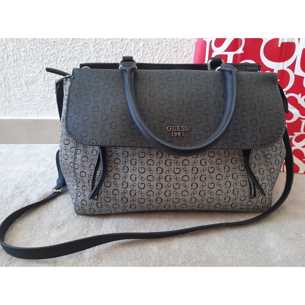 Bolsa GUESS Satchel Original Feminina Cinza e Preto | Shopee Brasil