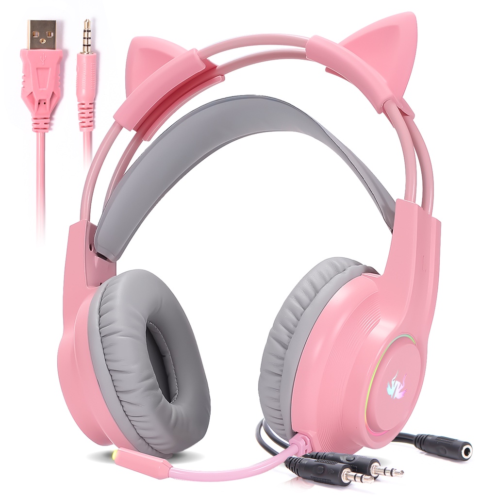 Fone Headset Gamer Led Rgb Rosa Gatinho Pc Cel Usb P2 Ps4 | Shopee Brasil