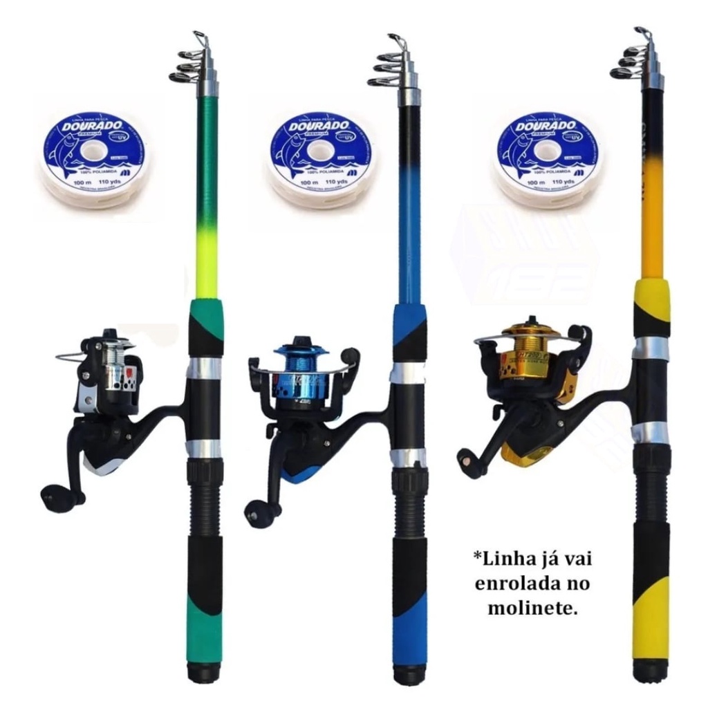 Kit 3 Varas De Pesca Com Molinete Ultra Light Cores Diversas + Linha | Shopee Brasil
