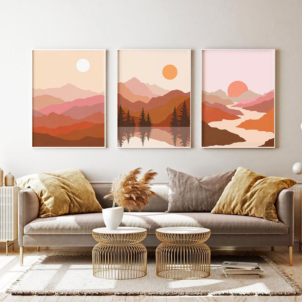 Quadro decorativo 3 peças 40x60 sol montanha paisagem moderno abstrato ...