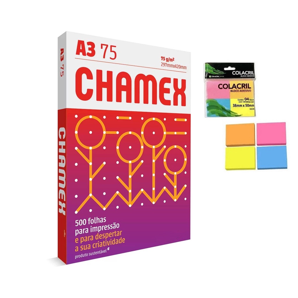 Papel Sulfite A3 75g Com 500 Folhas Chamex Resma + 1 Post It Com 400 ...