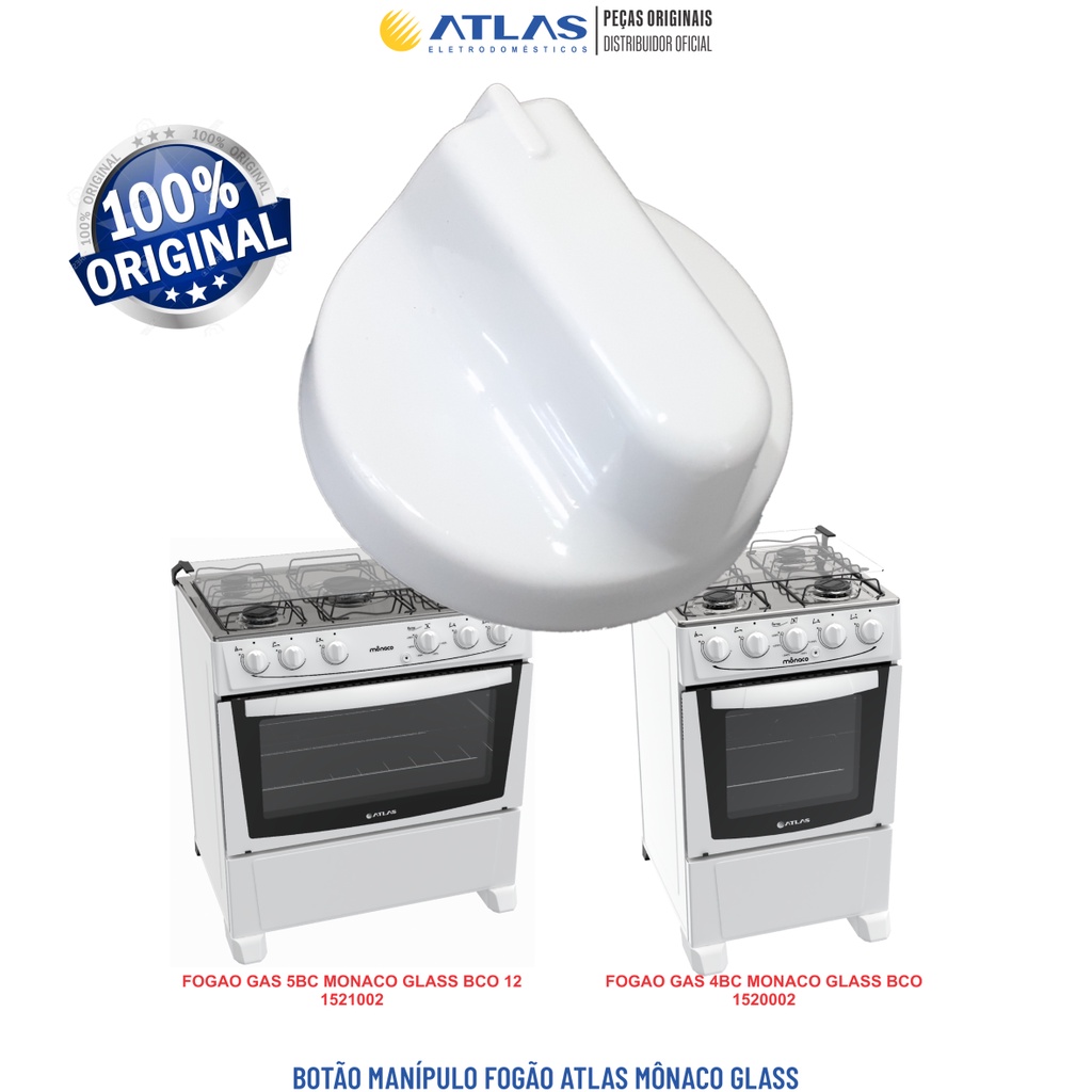 01 BOTÃO MANÍPULO BRANCO PARA FOGÕES ATLAS MÔNACO GLASS 4 E 5 BOCAS 100 ...