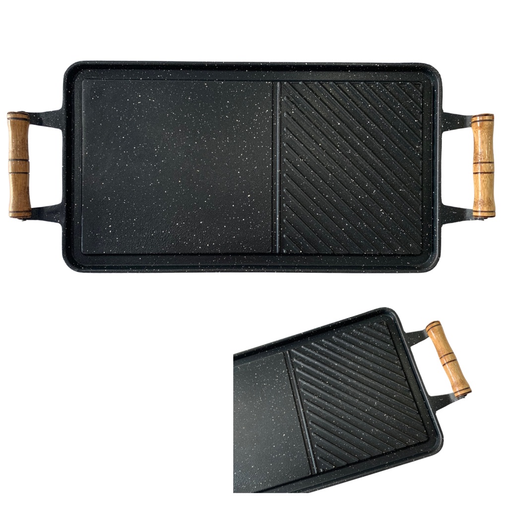 Chapa Grill de Ferro Fundido 48 cm x 27 cm Bife Hamburger Alça Madeira ...