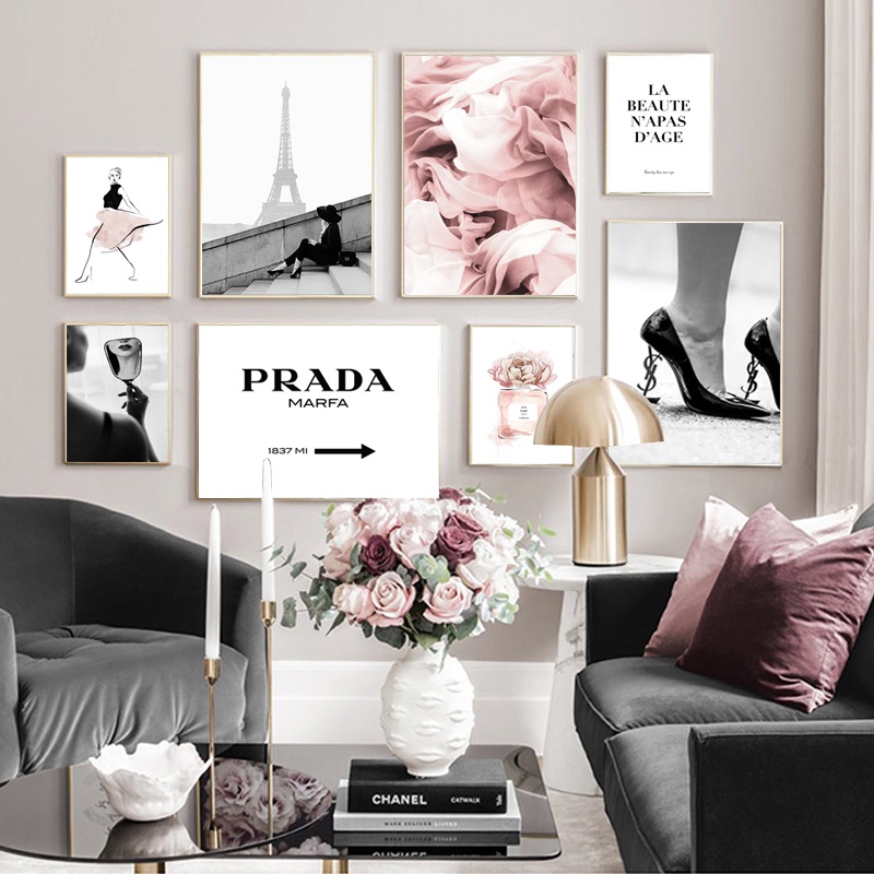 Nórdico Parede Art Poster Fluffy Rosa Gallery Paris Chic Pintura Da Lona Moda Menina Perfume ...