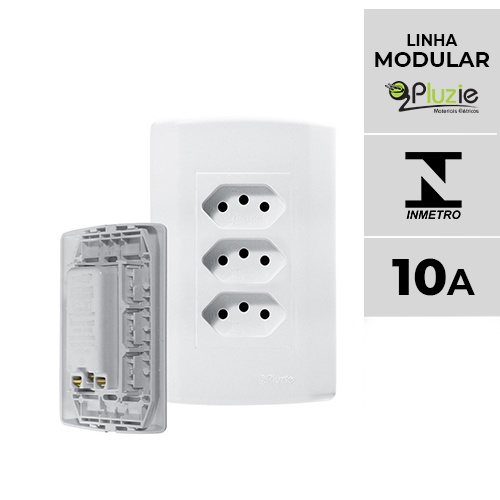 Tomada tripla 10A Linha Fácil 2P+T 250V 4x2 Pluzie Pluzi Modular 3 ...