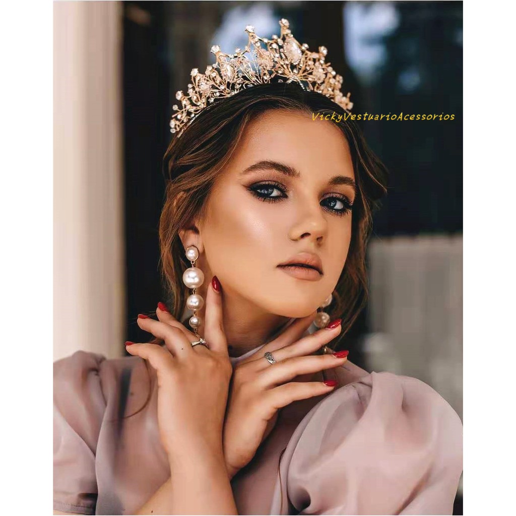 Coroa Tiara Porta Coque Dourada Luxo para Penteado Noiva Casamento ...
