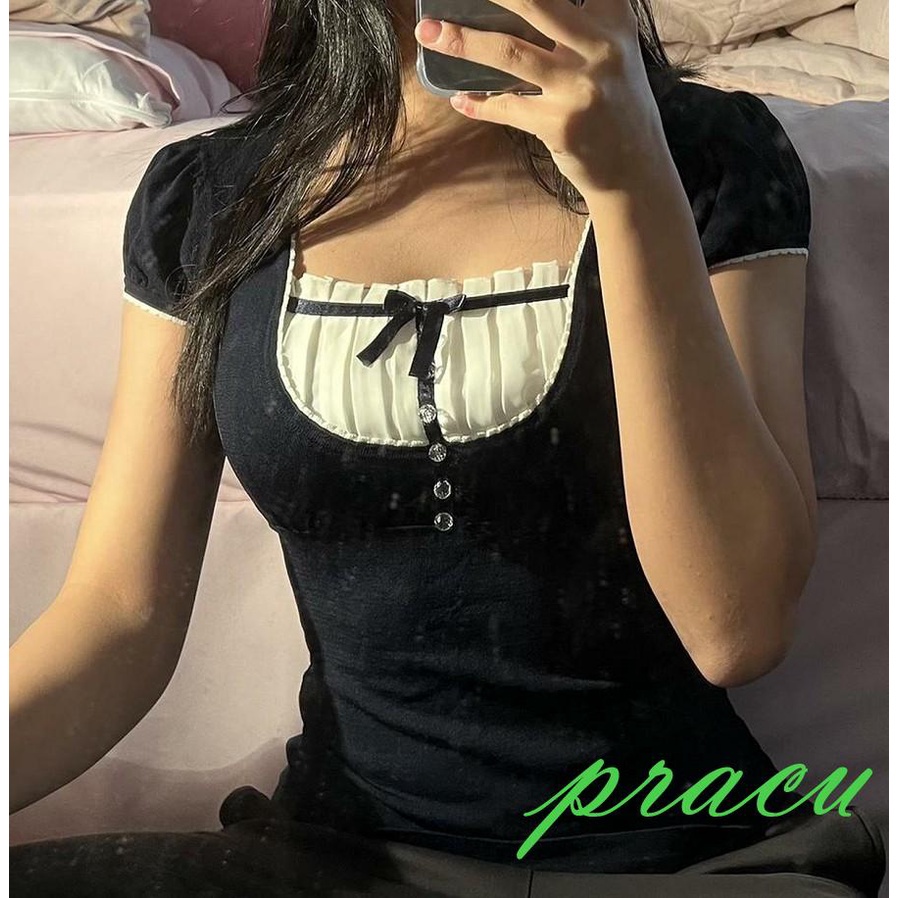 Blusa Feminina Vintage De Mangas Bufantes Quadradas Patchwork Com Laço ...