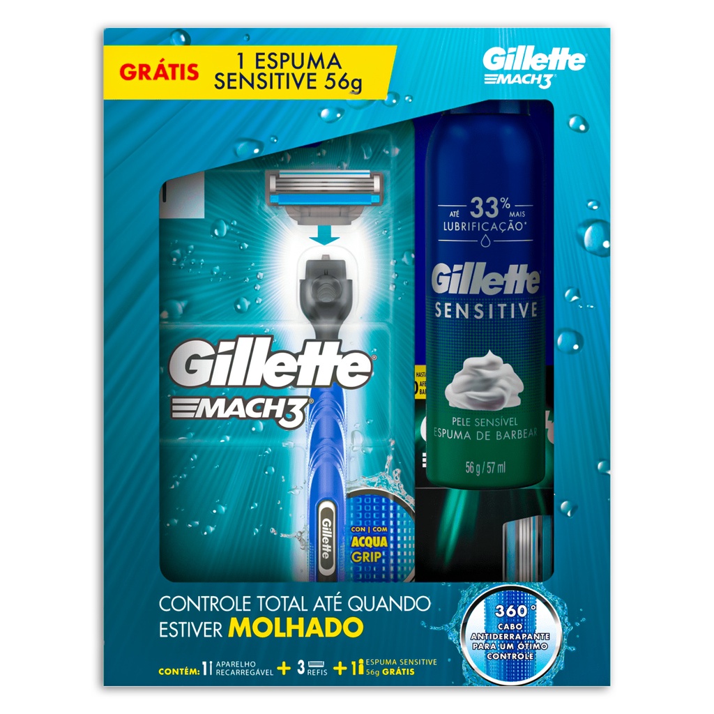 Kit Aparelho Mach 3 Gillette + 3 Cargas + 1 Espuma Sensitive | Shopee ...