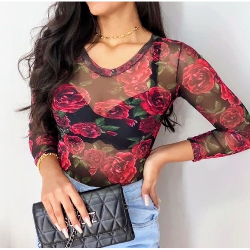 Body de Tule Floral Feminino Transparente Manga Longa Estampado ...