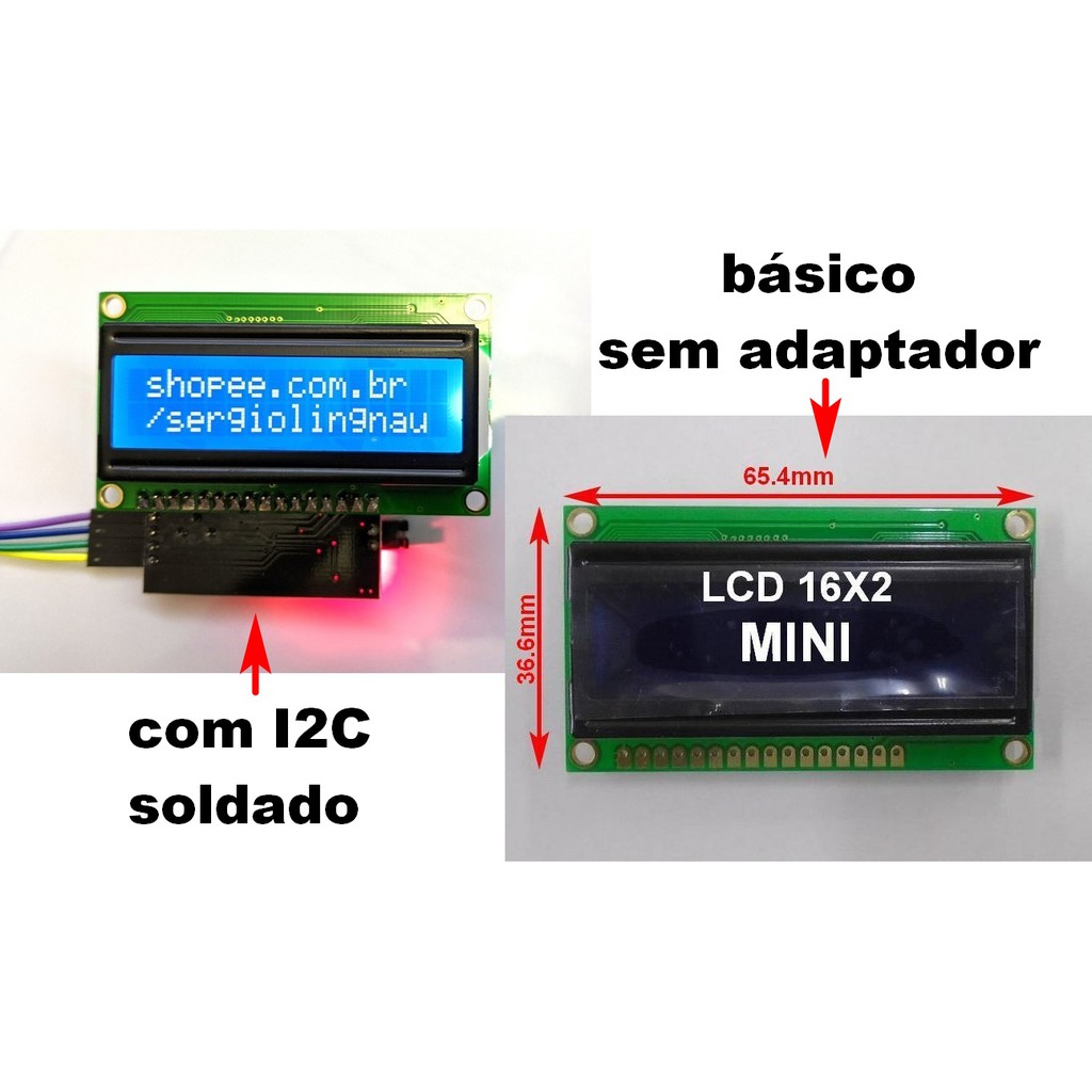Display LCD 1602 Mini 16x2 Caracter backlight fundo azul com ou sem i2c PCF8574 para Arduino PIC ...