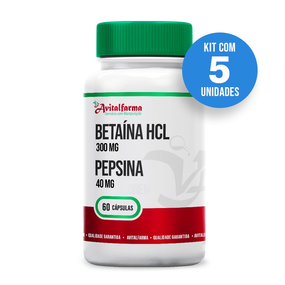 Kit 5 Betaína Hcl 300mg + Pepsina 40mg 60 Cápsulas | Shopee Brasil