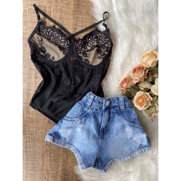 Body Renda Lia Preto Fundo Nude | Shopee Brasil