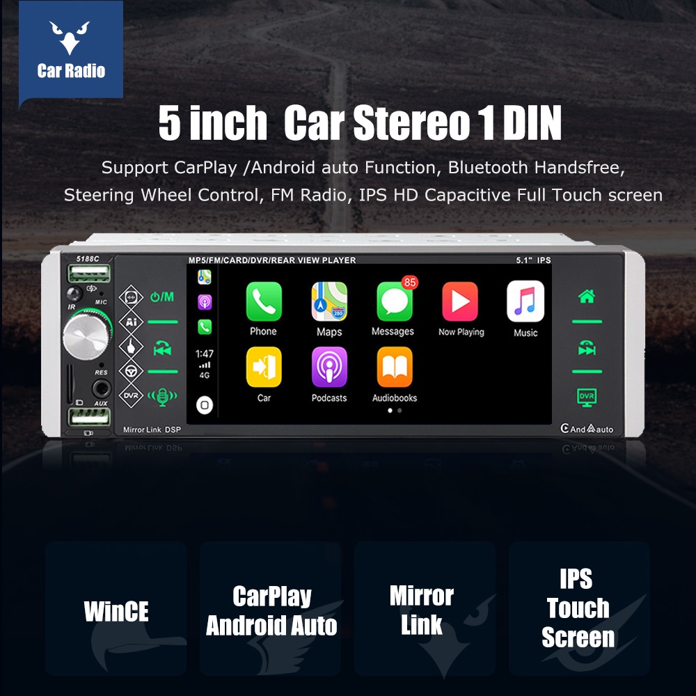 ESSGOO Carplay android auto 1 din 5.1'' touch screen bluetooth universal mp5 carro am/fm/rds ...