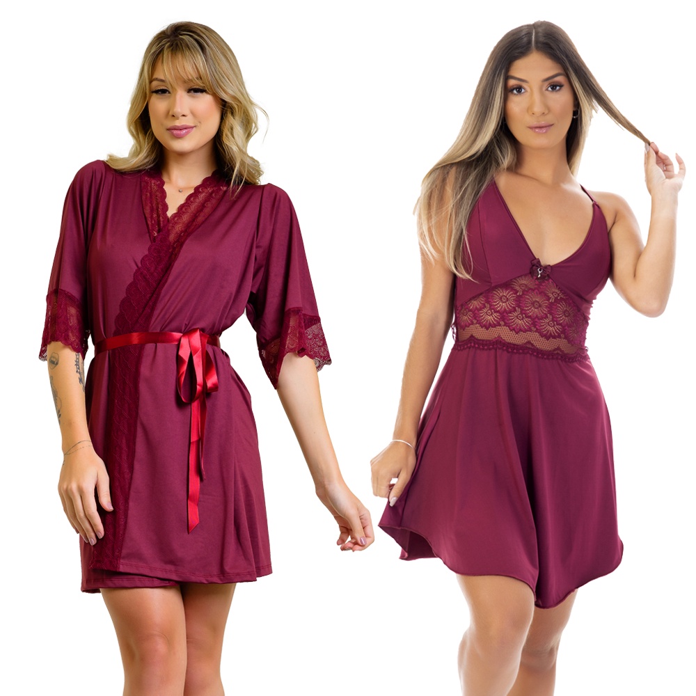 Kit Robe Kimono mais Camisola Feminina Microfibra e Renda | 846.850 | Shopee Brasil