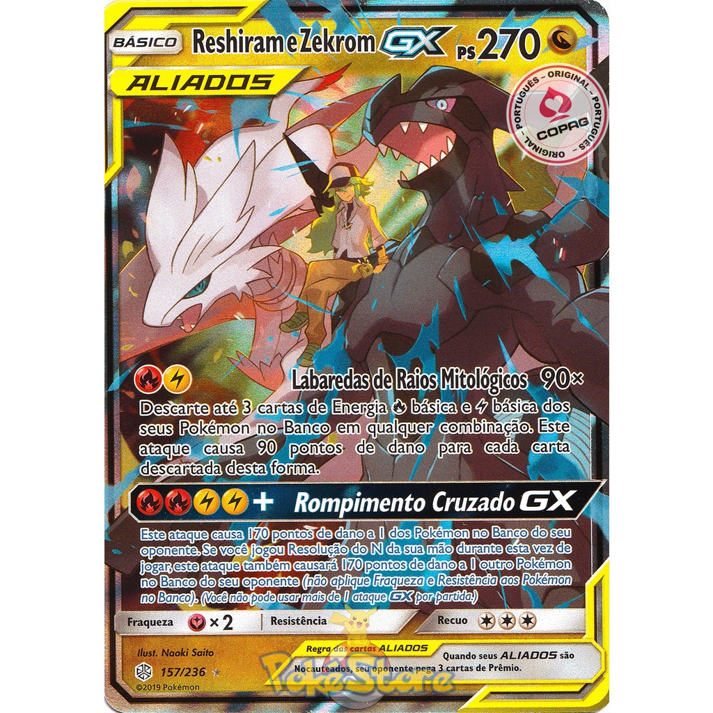 Carta Pokemon Reshiram e Zekrom GX Aliados Português 157/236 Original ...