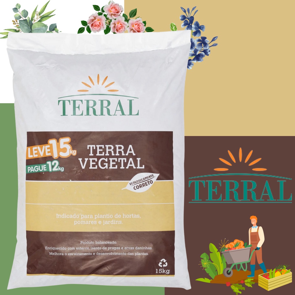Terra Vegetal Terral Saco de 15 KG Adubada c/ Esterco Bovino. | Shopee ...