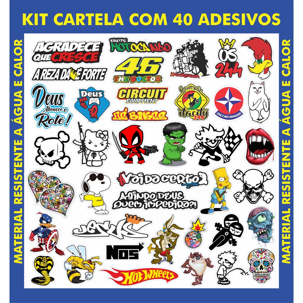 Kit Cartela de Adesivos c/ 40 Adesivos + Brinde / Adesivos para Bike, Carro, Moto, Capacete e ...