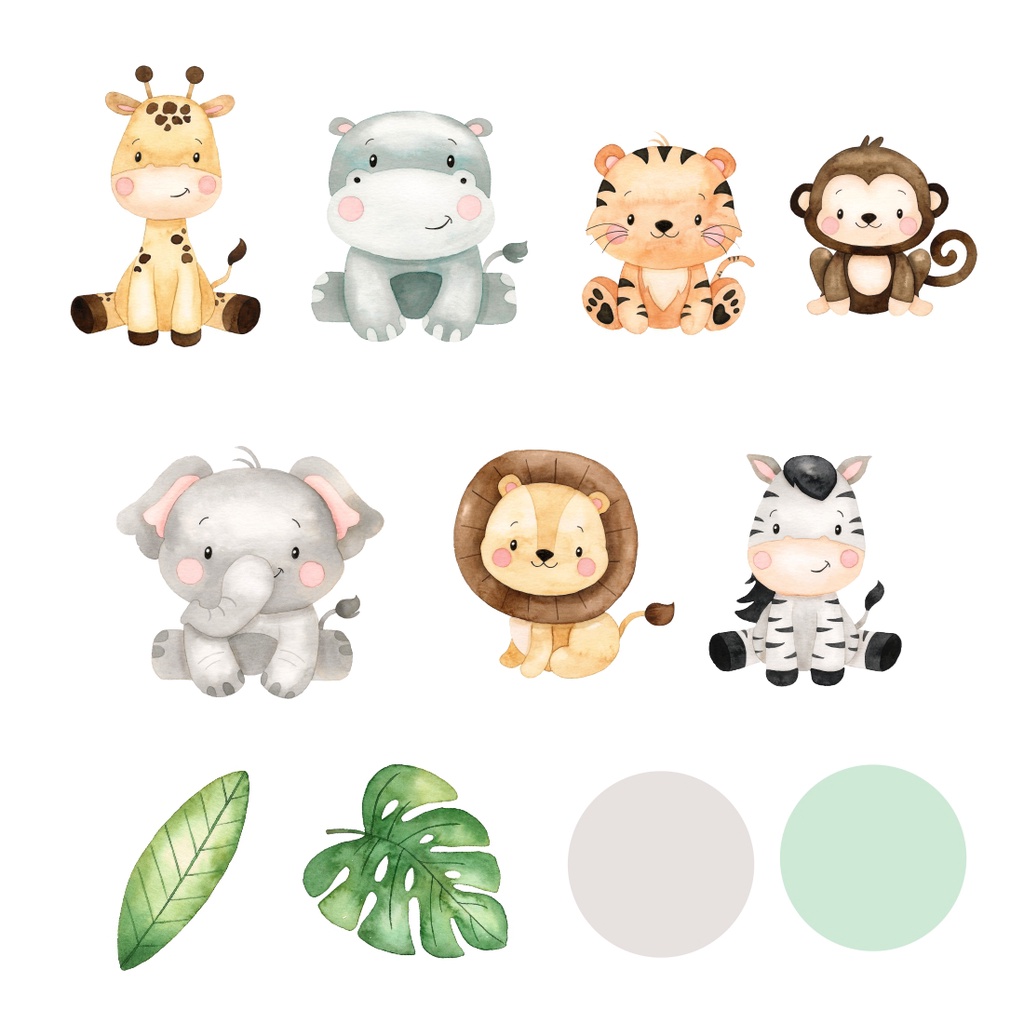 Adesivo Decorativo Animais Safari Aquarela para parede Decoração Quarto ...