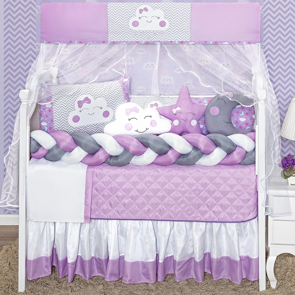 Kit Berço Nuvem Trança Lilas Novo Lua com Naninha 13 Peças Completo ...