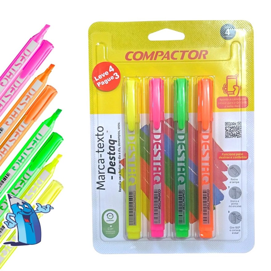 CANETA MARCA TEXTO DESTAQ 4 CORES NEON COMPACTOR | Shopee Brasil