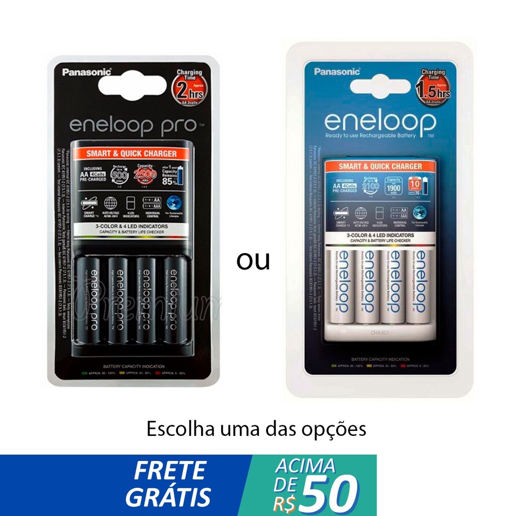 Kit Carregador Bq Cc55 4 Pilhas Aa Eneloop Pro Ou 4 Pilhas Aa Eneloop