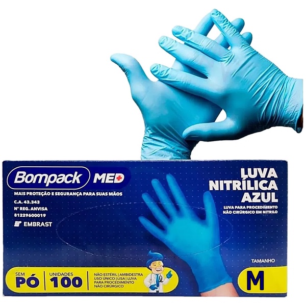 Luva Nitrilica Azul - Bompack Med | 100un | Shopee Brasil