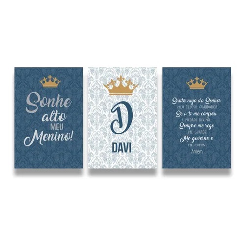 Kit 3 Placas Quadros Decorativos Menino Bebê Realeza Coroa Com Nome ...