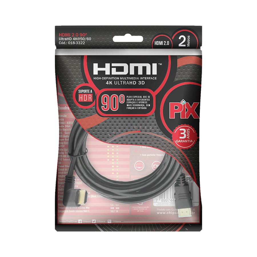 Cabo Hdmi 2 Metros V2.0 90 Graus 19 Pinos 4k Hdr - Pix 018-3322 ...