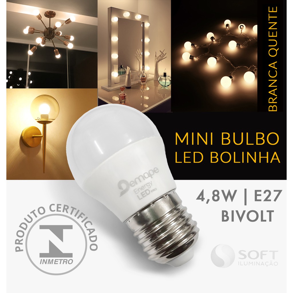 6 Lâmpadas Mini Bulbo LED Bolinha 4,8W Bivolt E27 Branca Quente/2700k | C/Inmetro | Própria para ...