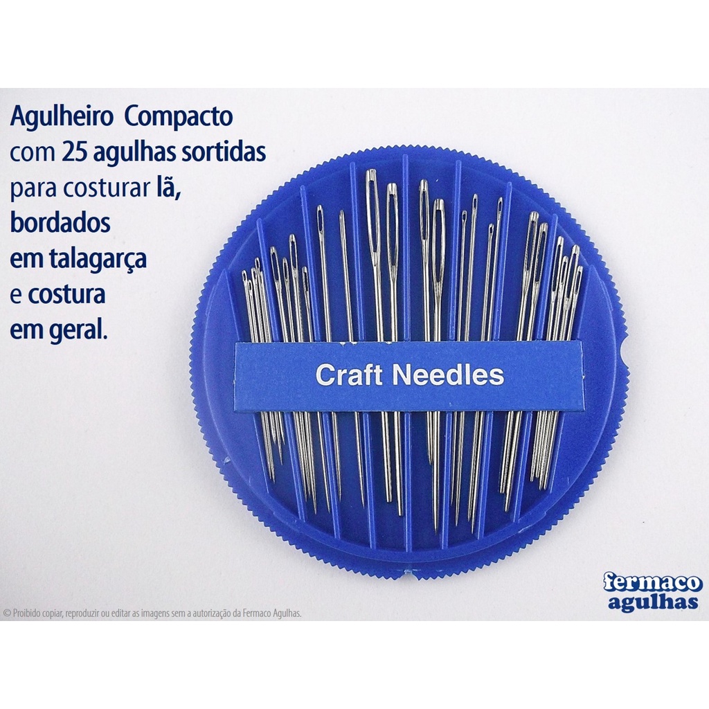 Agulheiro com 25 agulhas sortidas para costurar lã, bordar em talagarça ...