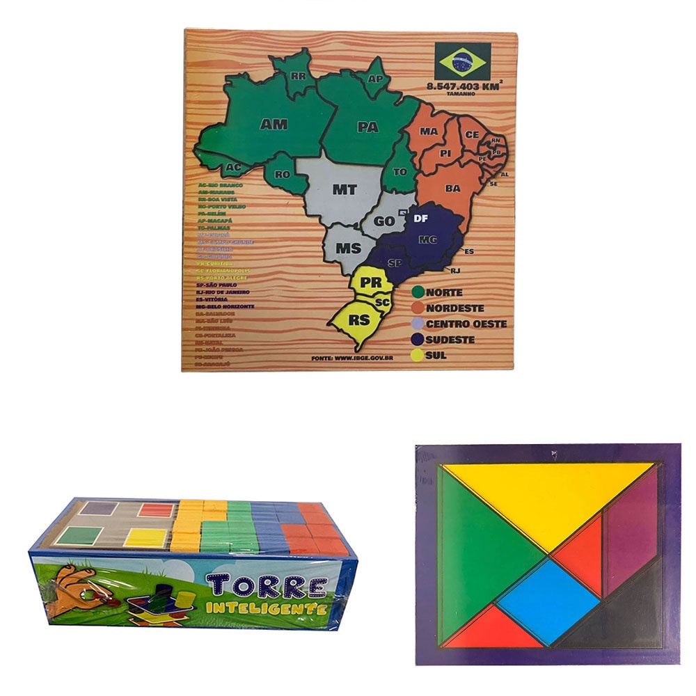 Kit Pedagógico Mapa Brasil, Tangram e Torre Inteligente | Shopee Brasil