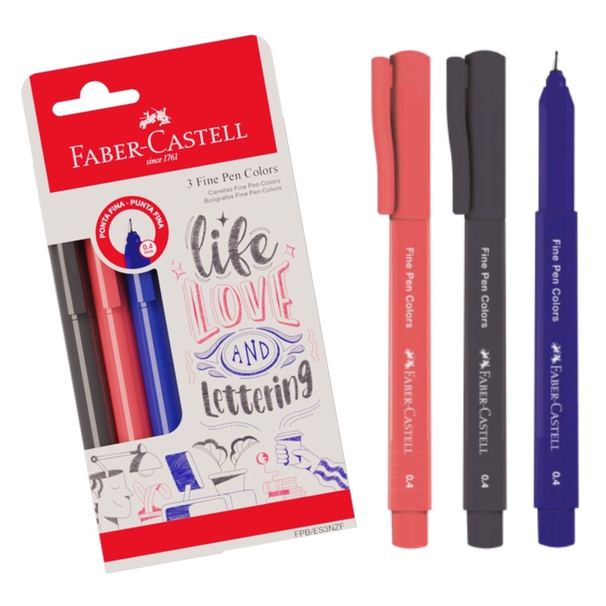 Caneta Fine Pen 0.4mm 3 Unidades - Preto Vermelho e Azul - Faber Castell | Shopee Brasil