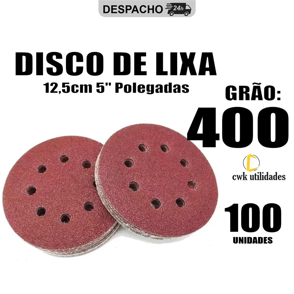 Kit 100 Disco Lixa com Velcro 125mm 8 Furos Rokit Politriz Lixadeira ...