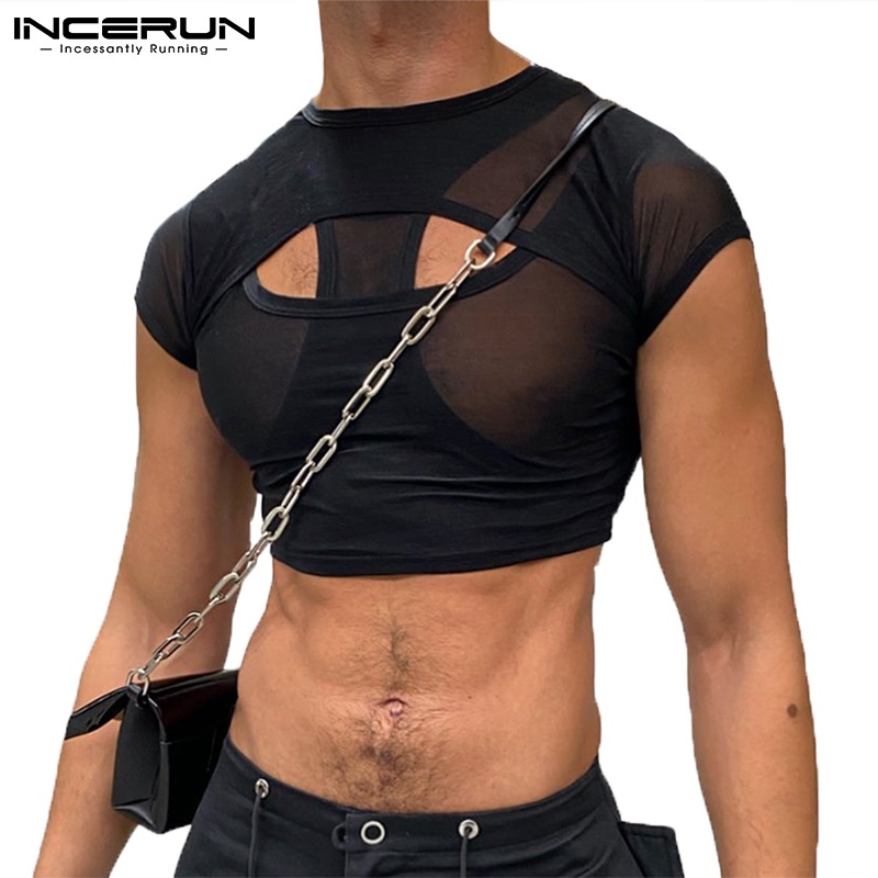Incerun Homens Malha Sexy Veja Através Do Pescoço Redondo Oco De Manga