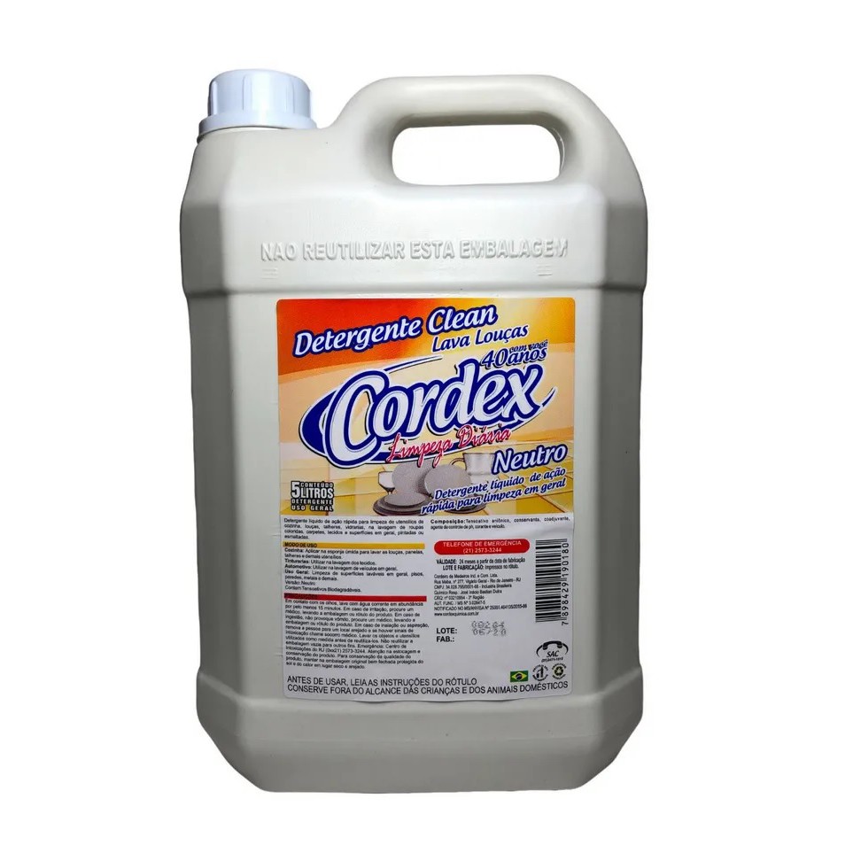 Detergente Clean Neutro Lava Louças - 5 Litros - Cordex | Shopee Brasil
