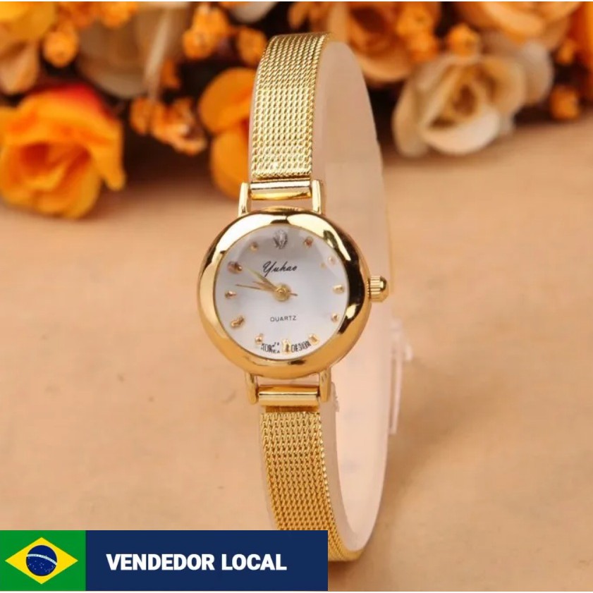 Relógio Mini Analógico Dourado Feminino Luxo Quartz Novo | Shopee Brasil