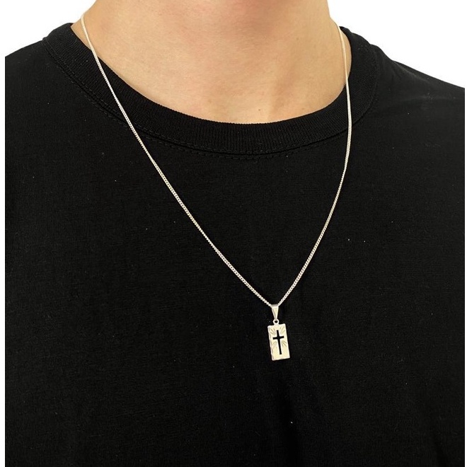 Correntinha Masculina 60cm Banhada Prata 925 + Pingente Placa Cruz ...