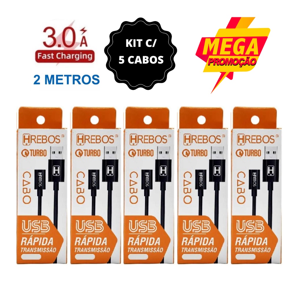 Kit com 5 Cabos V8 Micro USB de 2 metros para Carregador ou transferir ...