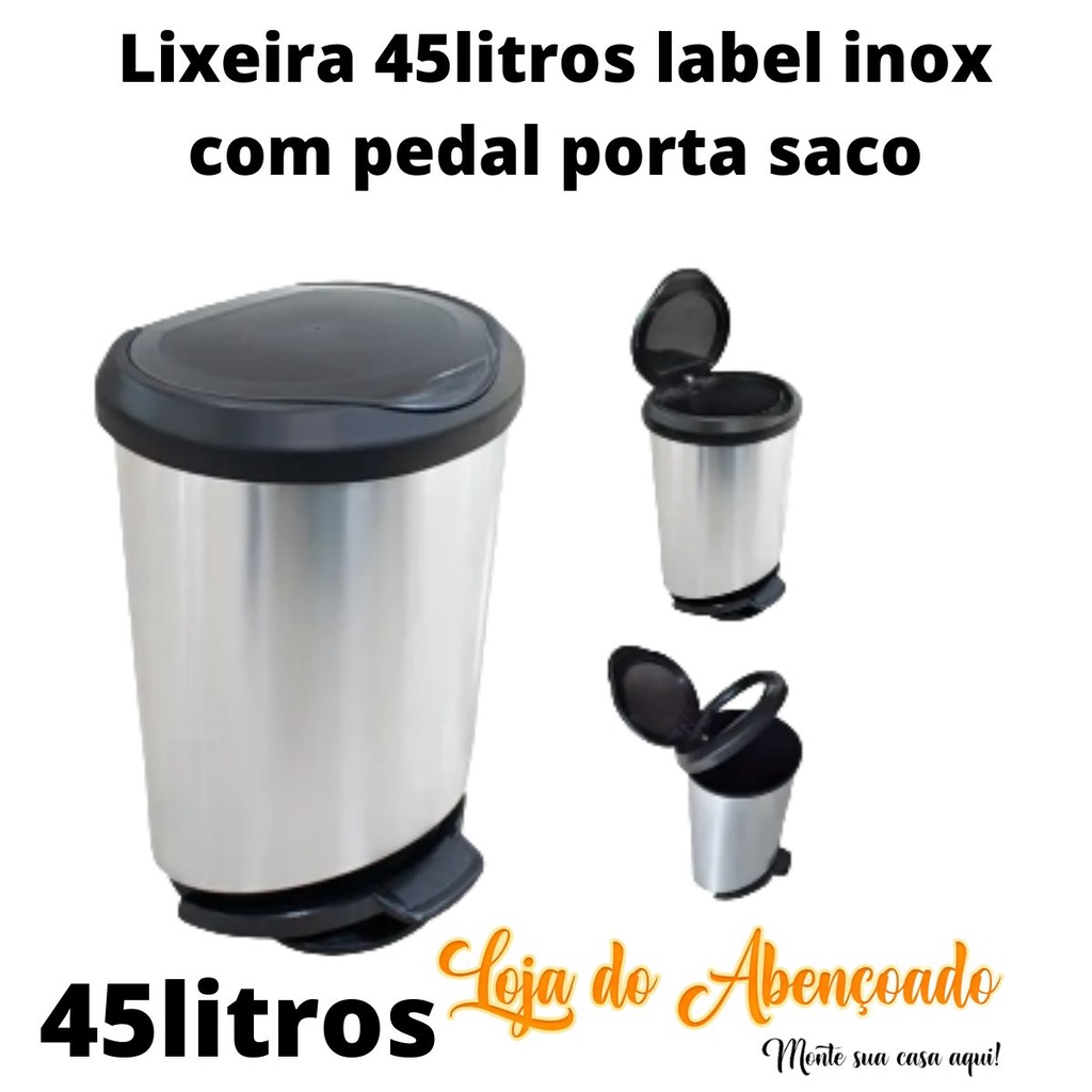 Lixeira Plástica na cor Inox 45 Litros Pedal e Borda Label - ARQPLAST ...