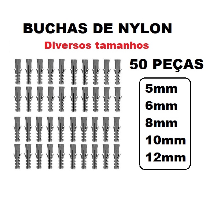 Bucha Nylon para Fixação 5mm 6mm 8mm 10mm 12mm - 50 PEÇAS | Shopee Brasil