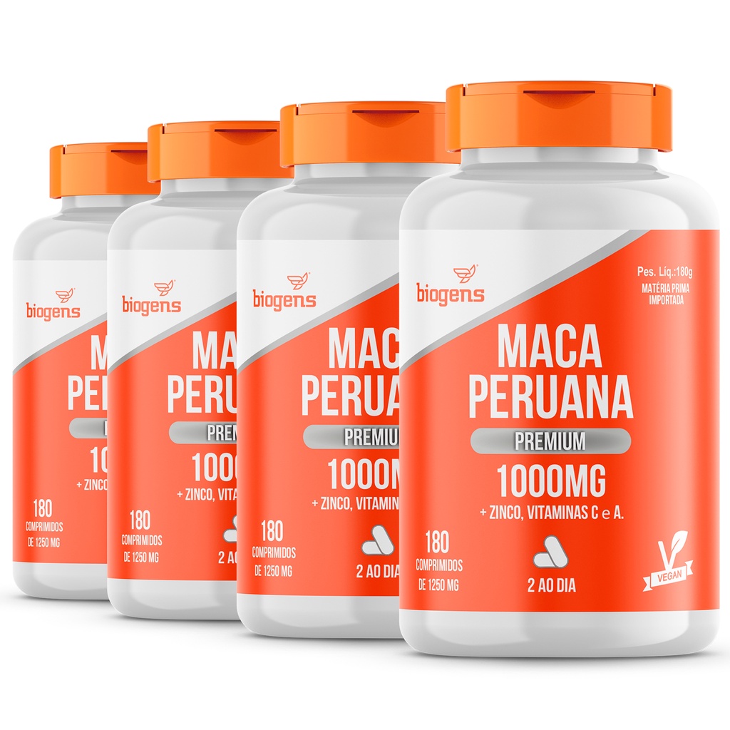 Kit 4x Maca Peruana Premium 1000 mg 180 tabls, Biogens | Shopee Brasil