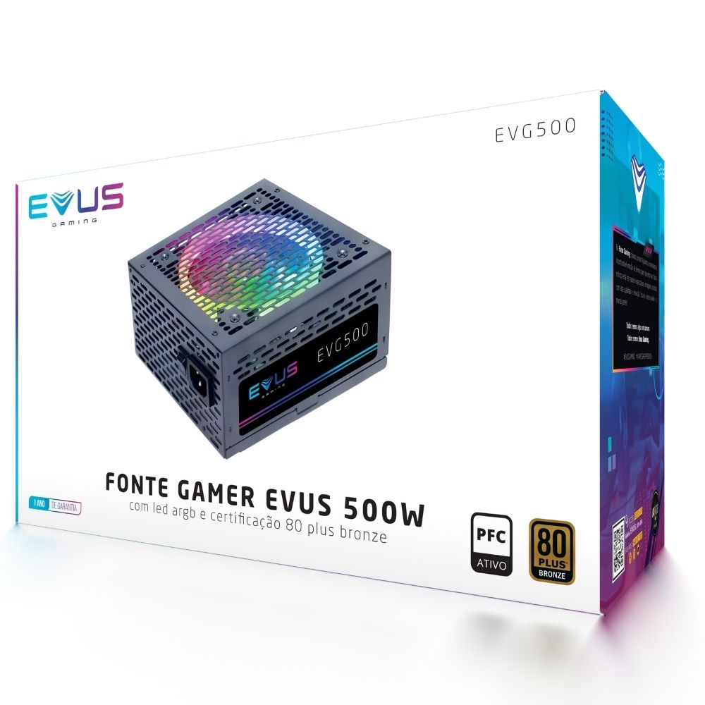 Fonte Evus Evg500 Gamer 500w 80 Plus Bronze Led Rgb Pfc | Shopee Brasil