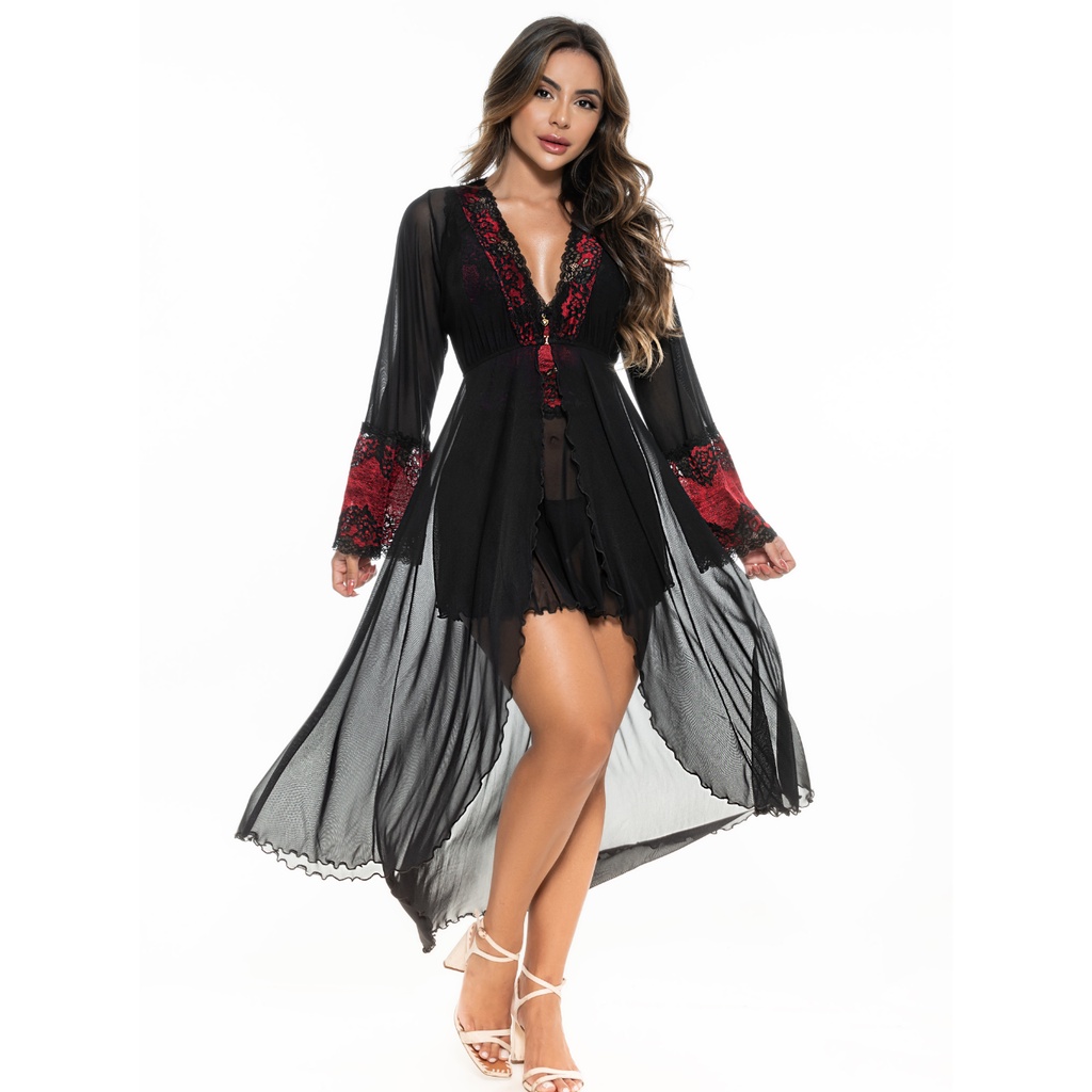 Robe Hobby Roupão Longo Tulle Renda Luxo Feminino Luxo Sexy Pijama ...