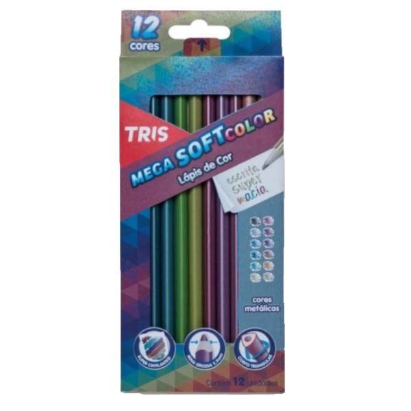 Lápis de Cor Mega Soft Color Metálico 12 Cores - TRIS | Shopee Brasil
