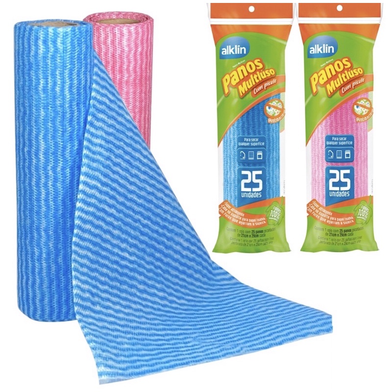 Rolo com 25 panos de limpeza multiuso biodegradável 21cmx29cm tipo ...