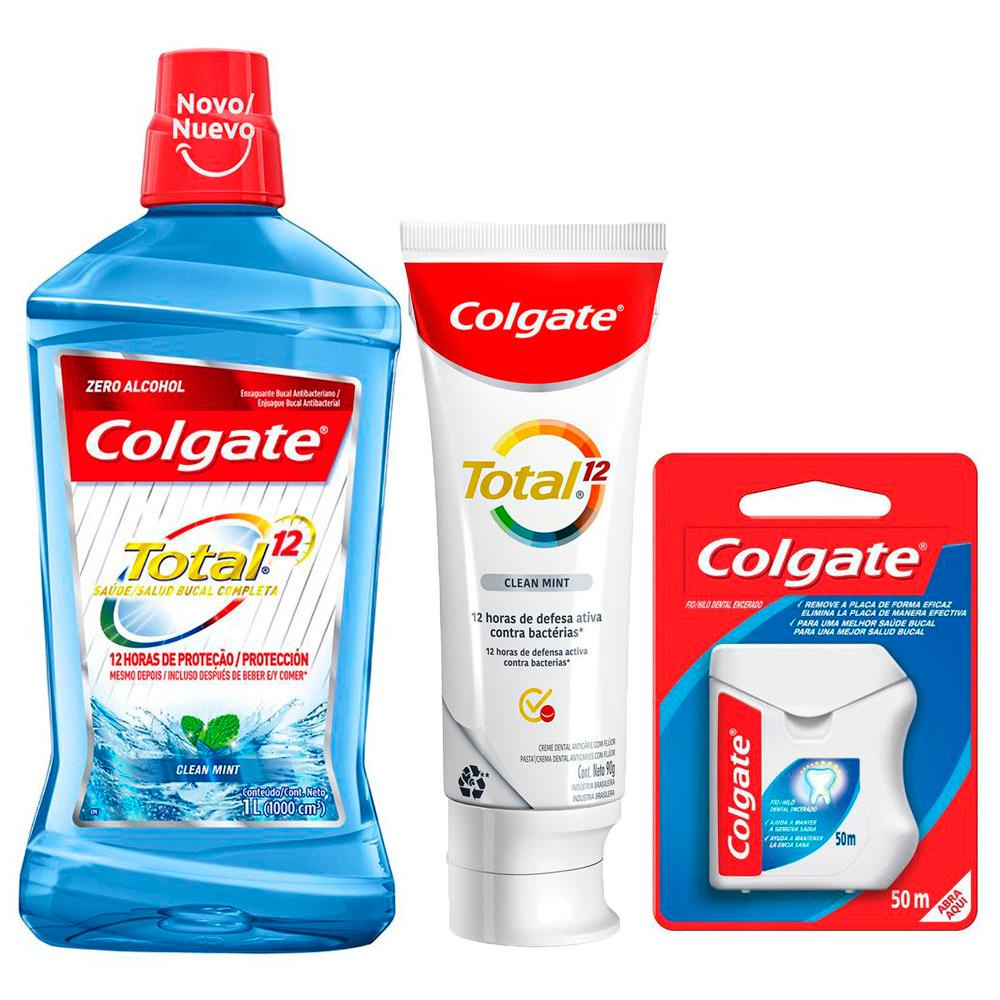Kit Colgate Total: Creme Dental 90g + Enxaguante Bucal +Fio Dental 50m ...