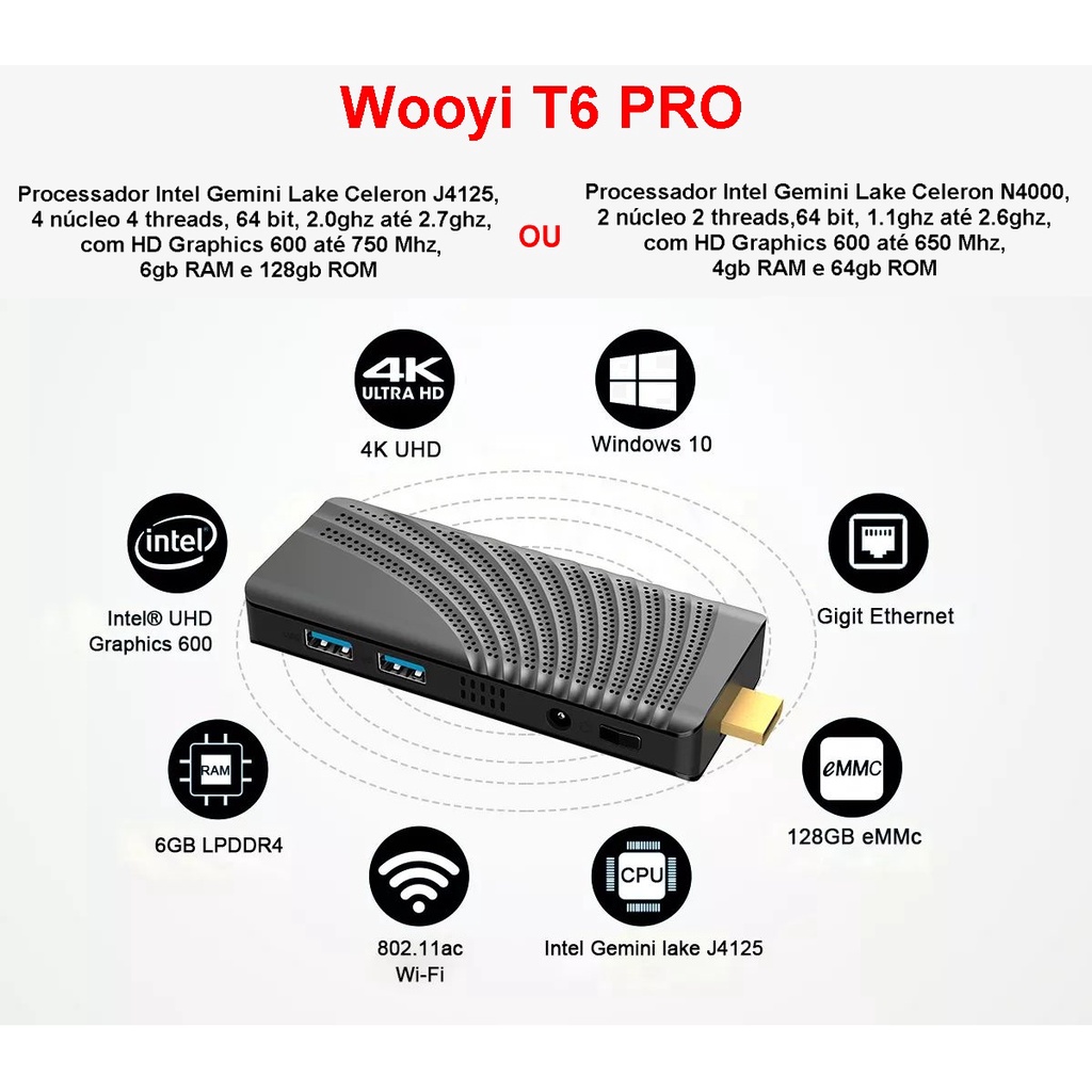 Mini Pc Stick,Pocket PC,Computador de bolso, T6 Pro, 4k, 4gb/6gb ram ...