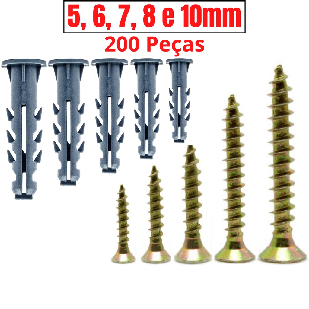 Kit Bucha com Parafuso 5 - 6 - 7 - 8 - 10 com 200 Peças Kit Parafusos e ...
